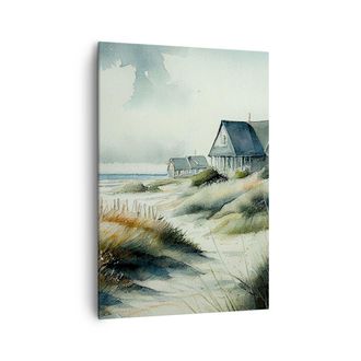 Arttor Bilder auf Leinwand 70x100cm Leinwandbild mit Rahmen Haus Strand Meer Groß Wanddeko Bild Schlafzimmer Küche Deko Wandbilder Dekoration Wohnzimmer Wall