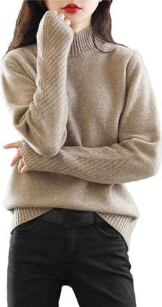 Generic Automne Hiver 100% Laine Mérinos Épais Pull Col Montant Femmes Cachemire Pull Rayé Tops, Kaki9., UK7 / 41EU / US8