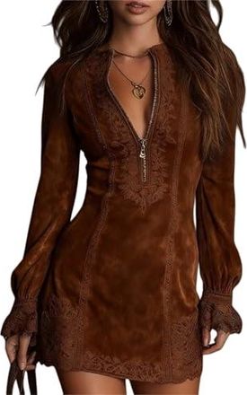 Generic Mini robe brod&eacute;e &agrave; col en V et manches longues pour femme, robe vintage en dentelle &eacute;l&eacute;gante, formelle, cowgirl, western, marron, XXL