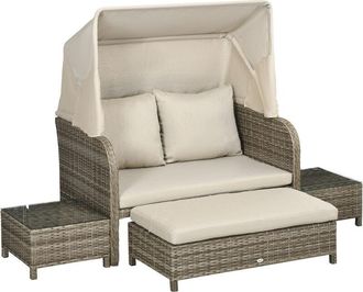 OUTSUNNY Ensemble salon de jardin 2 places 4 pcs - canap&eacute;, repose-pieds, 2 tables basses - coussins inclus - r&eacute;sine grise polyester kaki