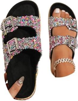 Minetom Femme Mules Paillettes Boucle Sabots Bout Ouvert Été Plates en Liège Nu-Pieds Semelles Épaisses Sandales De Plage Boho Romain Chaussons A Noir 40 EU