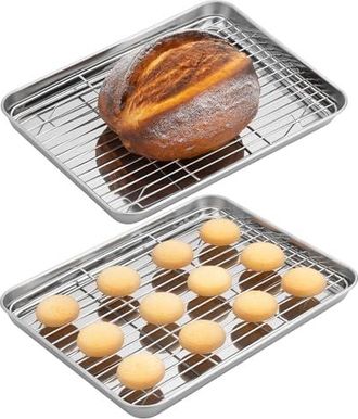 Navaris 2x Bac Cuisson Inox - 2x Plat Rectangulaire Acier Inoxydable avec 2x Grille de Refroidissement - Plaque Cuisson Four pour P&acirc;tisserie Gratin Frites