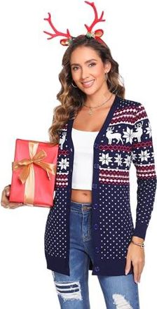 iClosam Gilet Noël Femme Cardigan Noel Hiver Pullover Chaud avec Bouton Gilet Motif de Renne en Tricot Veste de Noël a Manches Longues S-XXL
