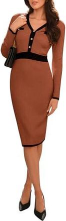 Grace Karin Robe Pull col en V pour Femme Robe mi-Longue à Manches Longues Robe Moulante en Tricot Pulls Marron XL