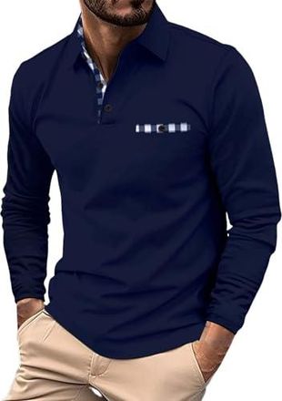 Generic Polo &agrave; manches longues pour homme - Mat&eacute;riau en coton d&eacute;contract&eacute; avec poche sur la poitrine, d&eacute;tail de col &agrave; boutons classique, coupe confortable ada