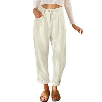 Generic Pantalon taille haute pour femme - Pantalon d&eacute;contract&eacute; taille haute en velours c&ocirc;tel&eacute; avec poches Pantalon tendance pour lautomne et le quotidien, bl