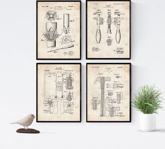Nacnic Werkzeug Patent Poster 4er-Set. Vintage Stil Wanddekoration Abbildung von Hammer und Alte Erfindungen. Verschiedene technische Werkstatt Bilder ohne R