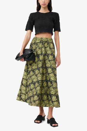 Ganni schwarz Schwarzes gesmoktes Crop-Top mit O-Ausschnitt aus Cotton Poplin Bio-Baumwolle - Gr&ouml;&szlig;e 32