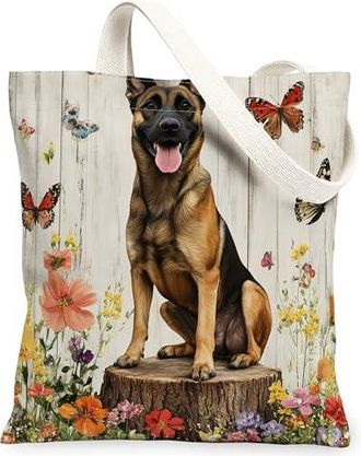 Generic Sac fourre-tout en toile motif chien malinois belge printanier 33 x 38,1 cm, sac d&eacute;picerie r&eacute;utilisable pour femme, animal de compagnie, peinture, d&eacute;c