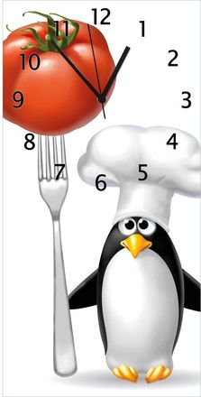 Wallario Design-Wanduhr Pinguin Koch aus Glas, Motiv-Uhr Gr&ouml;&szlig;e 30 x 60 cm, Schwarze Zeiger