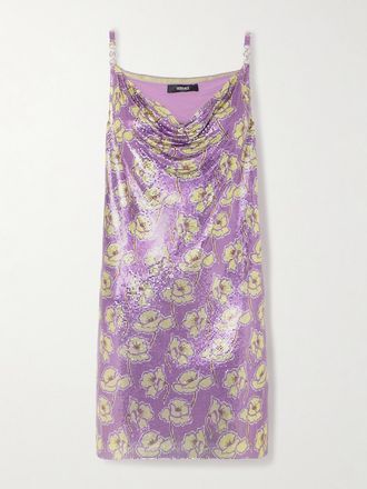 Versace Minikleid Aus Metall-mesh Mit Blumenprint Und Verzierungen - Lila