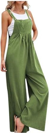 Generic Combinaison d&eacute;contract&eacute;e en lin sans manches avec bretelles r&eacute;glables et poches pour femme, Vert, 3XL