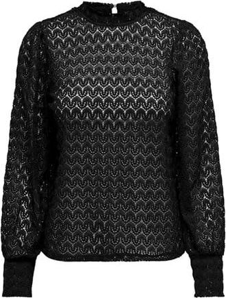 Jacqueline de Yong Top Femme col Montant Fermeture boutonn&eacute;e D&eacute;tail en Dentelle Manches Longues, Couleurs:Noir-2, Taille:M