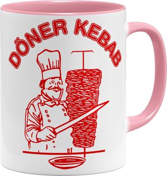 OM3 D&ouml;ner Kebab Kaffee-Tasse Kult Logo D&ouml;nermann Drehspie&szlig; - Keramik Becher - 325ml - Beidseitig Bedruckt - Rosa
