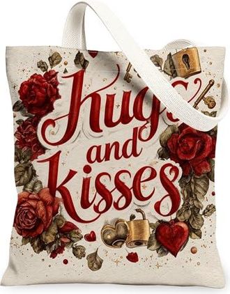 Generic Sacs fourre-tout en toile florale de Saint-Valentin, sacs &agrave; provisions r&eacute;utilisables, l&eacute;gers et lavables avec bandouli&egrave;re en toile, Rouge, 13x15 Inch