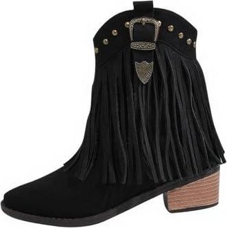 Generic Bottines western d&eacute;contract&eacute;es &agrave; franges pour femme - Bout pointu - &Eacute;l&eacute;gantes - Talon &eacute;pais - Classique - Confortable - &Agrave; enfiler - Bottes de cowboy p
