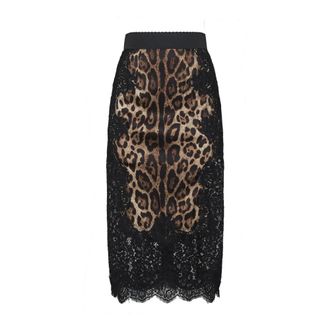 Dolce & Gabbana Femme, Jupes, Multicolore, Taille: 40 FR Jupe Midi en Satin Imprim&eacute; L&eacute;opard avec Inserts en Dentelle