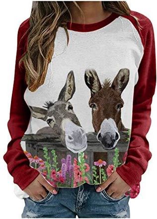 Keephen T-Shirt imprimé 3D Girafe à Manches Longues pour Femmes drôle Graphique décontracté col Rond Bloc de Couleur Hauts Pull Sweat