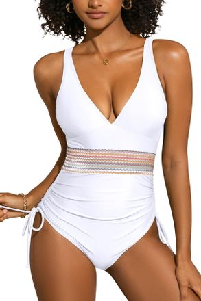 SHEKINI Frauen V-Ausschnitt Bauchkontrolle Badeanz&uuml;ge EIN St&uuml;ck Abnehmen Badeanzug Farbblock Kordelzug Badeanz&uuml;ge (XL, Wei&szlig;)