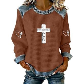 Generic Sweats chr&eacute;tiens pour femmes surdimensionn&eacute;s en tricot gaufr&eacute; denim patchwork sweatshirt religieux foi croix chemises graphiques vintage col rond cout