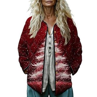 Generic Veste matelassée de Noël pour femme - Motif graphique festif - Style rétro boutonné - Col montant - Veste rembourrée chaude dhiver pour femme, bordeau