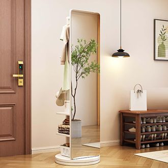 Generic Großer Standspiegel mit Kleiderständer, 360° Drehbarer Spiegel aus Massivholz mit Ablagebrett, 2-in-1, Moderner Ganzkörperspiegel, Standspiegel für Wo