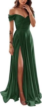 Generic Robe de bal en satin à épaules dénudées avec fente pour adolescentes, robe de demoiselle dhonneur longue plissée, vert émeraude, 58 Grande taille