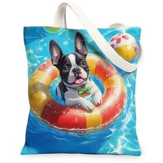 Generic Sac fourre-tout amusant en toile pour faire du shopping avec chien terrier de Boston 33 x 38,1 cm, sac &agrave; bandouli&egrave;re r&eacute;utilisable pour femme, peinture