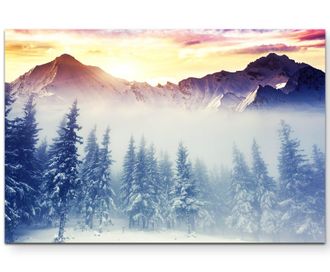 Paul Sinus Art Leinwandbilder | Bilder Leinwand 120x80cm Winterwald mit Bergen im Hintergrund