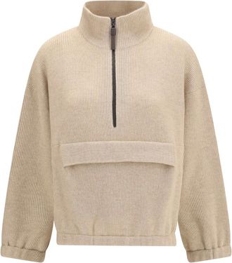 Brunello Cucinelli Pull Col Roul&eacute; Demi-Zip en Cachemire - Homme - Pulls - Brun - Taille: S