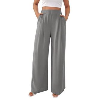 Generic Pantalon en tissu pour femme, &eacute;l&eacute;gant et d&eacute;contract&eacute;, pantalon palazzo, taille haute, pantalon de loisirs avec poches, tricot gaufr&eacute;, pantalon d&eacute;t&eacute; S-