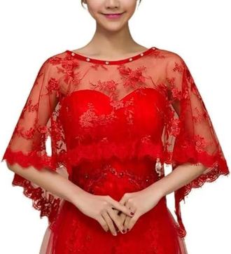 Generic NYSBH Cape de mariage en dentelle florale brod&eacute;e pour femme avec strass, Rouge, Taille unique