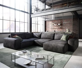 DELIFE Wohnlandschaft Lanzo 300x210 cm Lederimitat Vintage Anthrazit Recamiere variabel, Wohnlandschaften