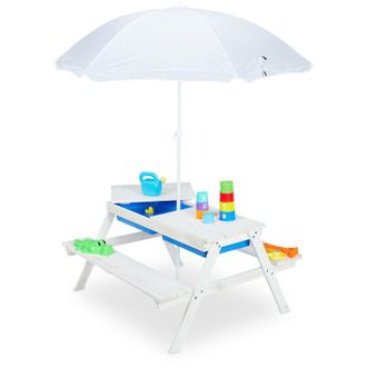 Relaxdays Kindersitzgruppe f&uuml;r drau&szlig;en, Garten Picknickbank mit Schirm, Holz, Sand- & Wasserspieltisch f&uuml;r Kinder, wei&szlig; - Relaxdays