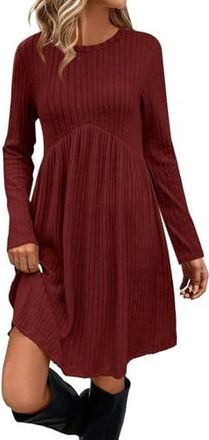 Generic Robe &agrave; manches longues pour femme, col rond, robe &agrave; la taille avec robe en maille, Bordeaux, 3XL