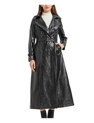 Generic Trench long en cuir synth&eacute;tique pour femme Printemps Automne - Double boutonnage &eacute;l&eacute;gant avec ceinture, Noir, XL