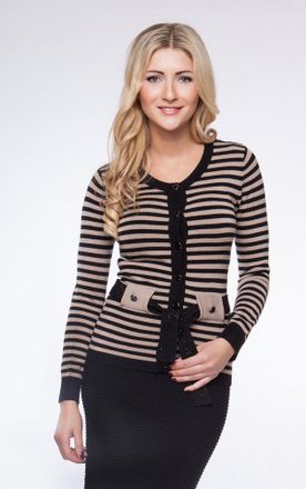 Passioni Strickjacke in Beige mit schwarzen Streifen und Gürtel mit Strasssteinen