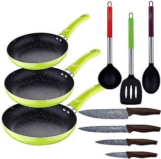 San Ignacio 3-teiliges Pfannen-Set (20 + 24 + 28 cm) grün gepresstes Aluminium mit 3 Stück Küchenutensilien Nylon mit 4 Messern Edelstahl