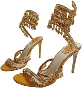 Generic YUJIEBB Sandales d&eacute;t&eacute; &agrave; talons hauts pour femme avec strass et perles de cheville serpent ficelle autour des chaussures de mariage sandales de gladiat