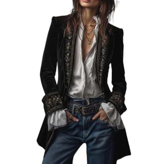 Generic Veste vintage en velours brod&eacute; pour femme, coupe ajust&eacute;e, tendance, l&eacute;g&egrave;re, gothique, dentelle, pirate, Noir, 3XL