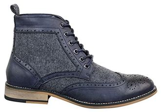 Cavani Bottines &agrave; lacets classiques en tweed de cuir bleu marine pour hommes 10