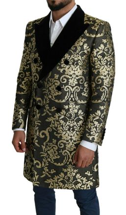 Dolce & Gabbana Mens Black Gold Jacquard Long Coat Sicilia Jacket Cotton Polyester Clothing
