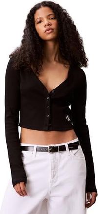 Calvin Klein Gilet Femme Woven Label Rib avec Patte de Boutonnage, Noir (Black), L