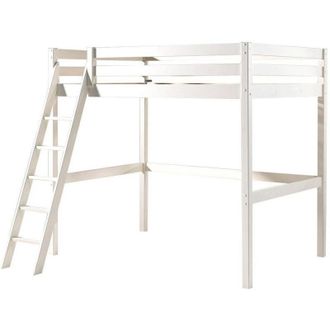 M&S Collection Lit mezzanine 140x200 cm en pin massif laqu&eacute; blanc - Hauteur sous lit 145 cm - Sommier inclus - Design scandinave pour chambre enfant