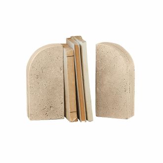 Loberon Buchstütze 2er Set Caleneuve - Naturkalkstein, filigranes Gestell, Creme, besonders standfest - Travertin, Creme