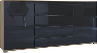 Vladon Sideboard Sylt V2, Kommode mit 2 Türen und 4 Schubladen, Korpus - Eiche Evoke/Front - Schwarz Hochglanz/Absetzung - Schwarz Hochglanz (166,5 x 75,5 x 