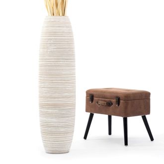 Leewadee Gro&szlig;e Deko Bodenvase F&uuml;r Dekozweige, Hohe Standvase F&uuml;r Pampasgras, Design Holzvase, 105 cm, Wei&szlig;