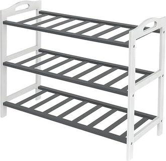 Relaxdays Schuhregal, HxBxT: 48 x 70 x 25 cm, Bambus, 3 Ebenen, f&uuml;r 9 Paar Schuhe, Schuhst&auml;nder Gitterablagen, grau/wei&szlig;