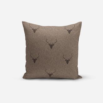 Schöner Leben Kissenhülle Jacquard Hirschkopf mit Geweih braun, Größe:50x50cm (HxB)