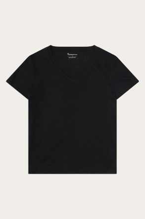Knowledge Cotton Apparel Damen vegan T-Shirt Leinen V-Ausschnitt Black Jet